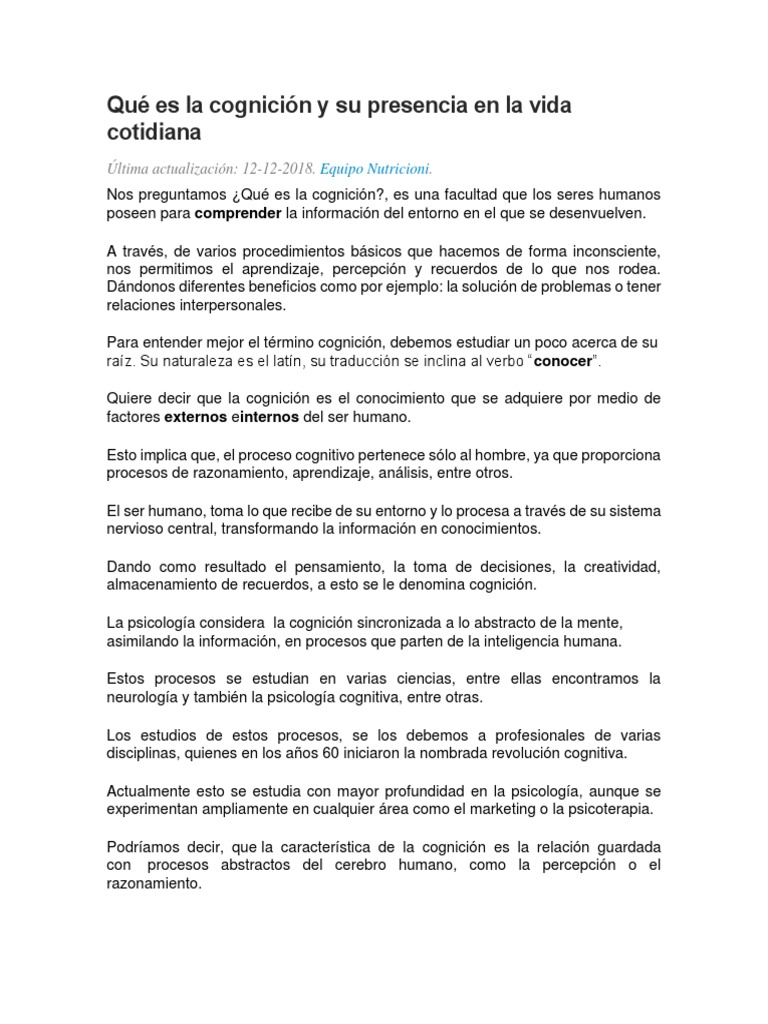 Qué es la cognición y su presencia en la vida cotidiana | PDF ...