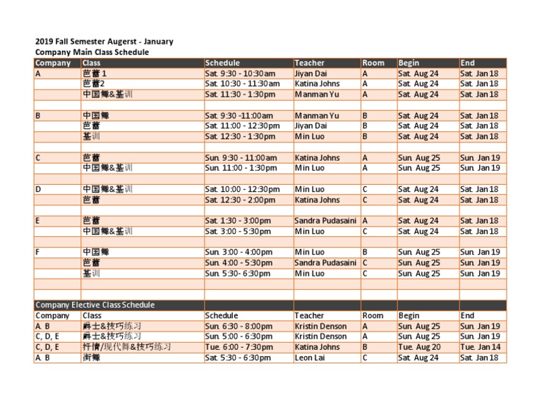 2019 Fall Class Schedule Overview | PDF