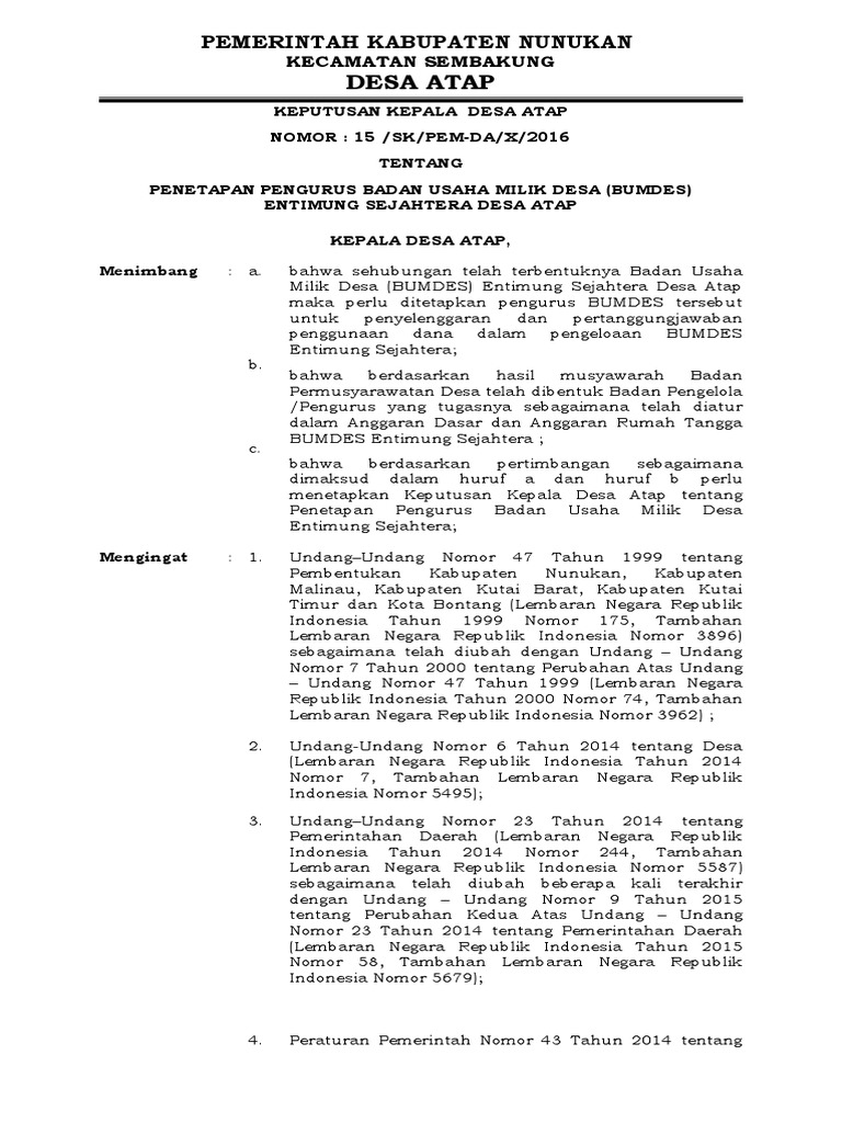 SK Pengurus Bumdes Atap | PDF