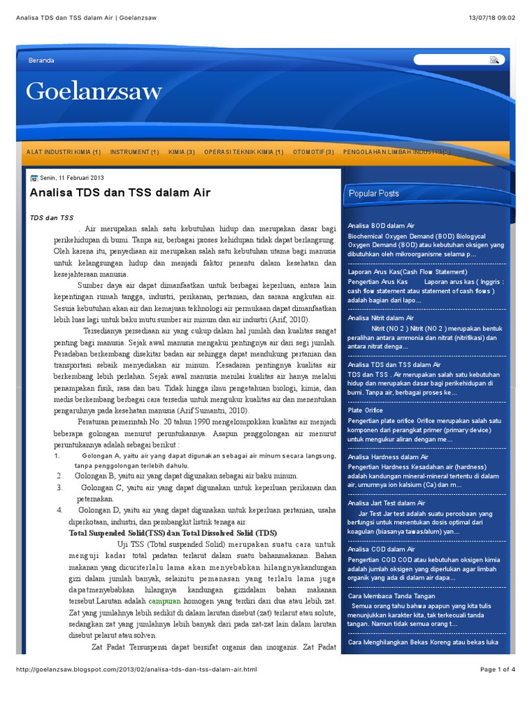 Analisa TDS Dan TSS Dalam Air - Goelanzsaw | PDF