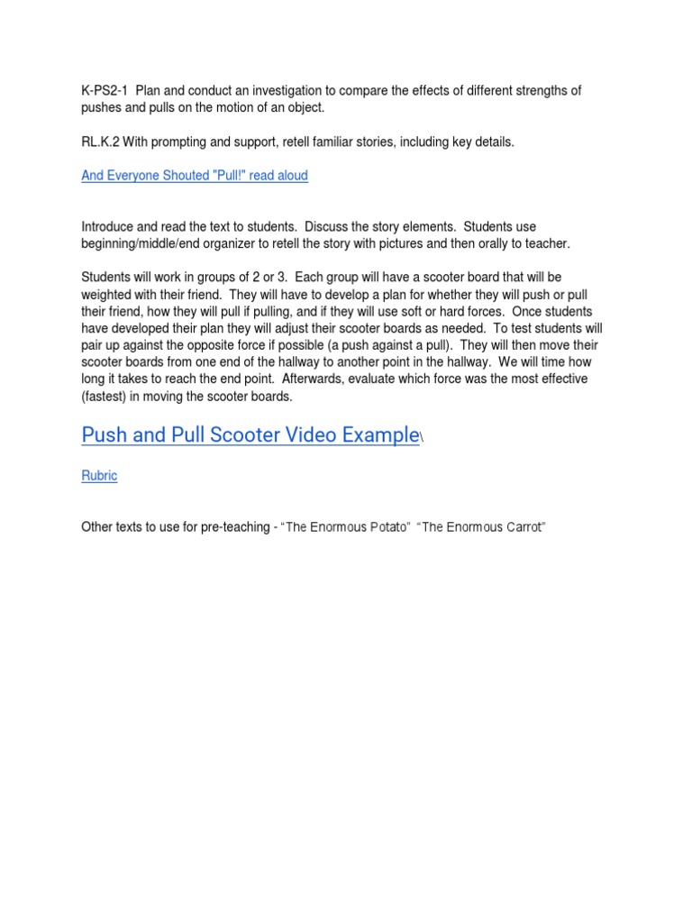 Pushes and Pull Assessment With Retelling-Pathway 1 (K-PS2-1 and RL.K.2 ...