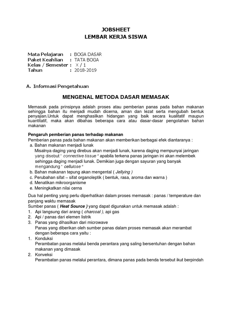 Jobsheet Cooking Metode | PDF | Memasak, Makanan, & Anggur