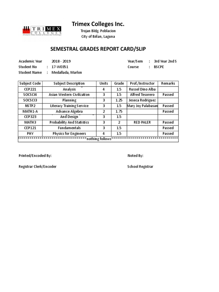 Student Grade Slip | PDF