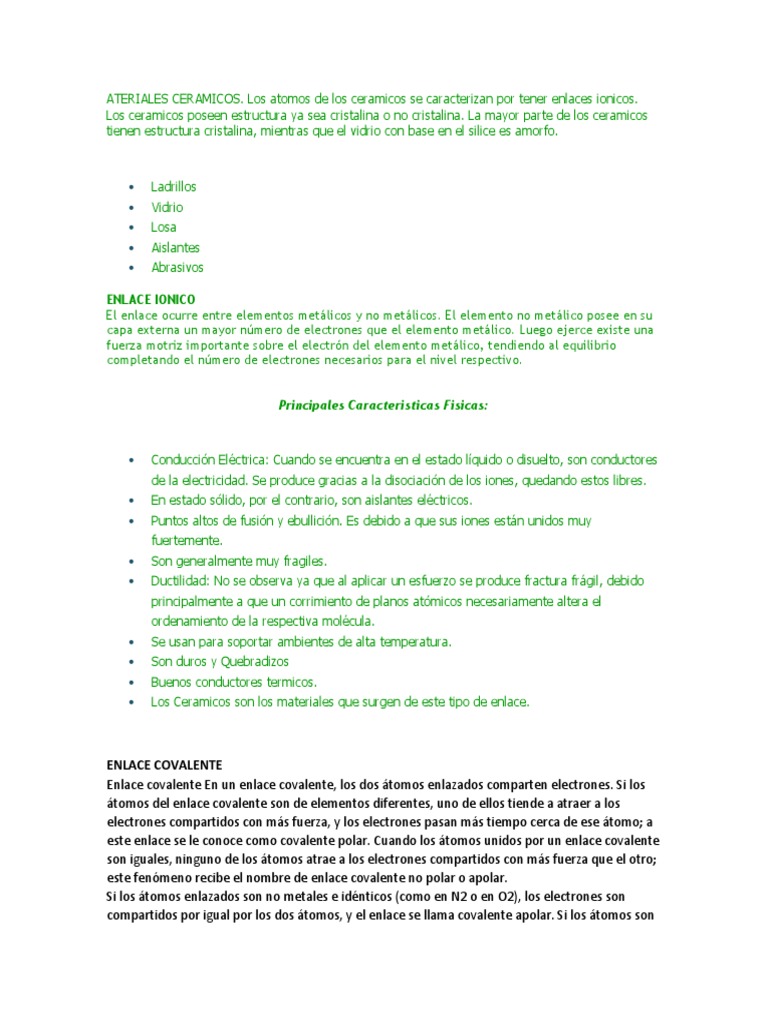 Materiales Ceramicos Tipos de Enlaces | Descargar gratis PDF | Enlace ...