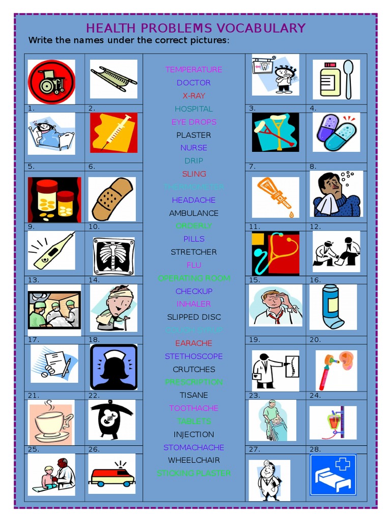 Health Problems Vocabulary: Write The Names Under The Correct Pictures ...