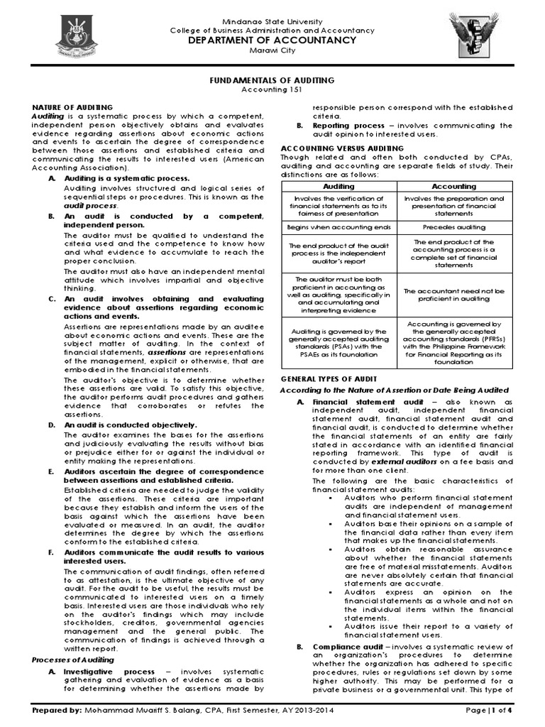 Fundamentals of Auditing Overview | PDF | Financial Audit | Internal Audit