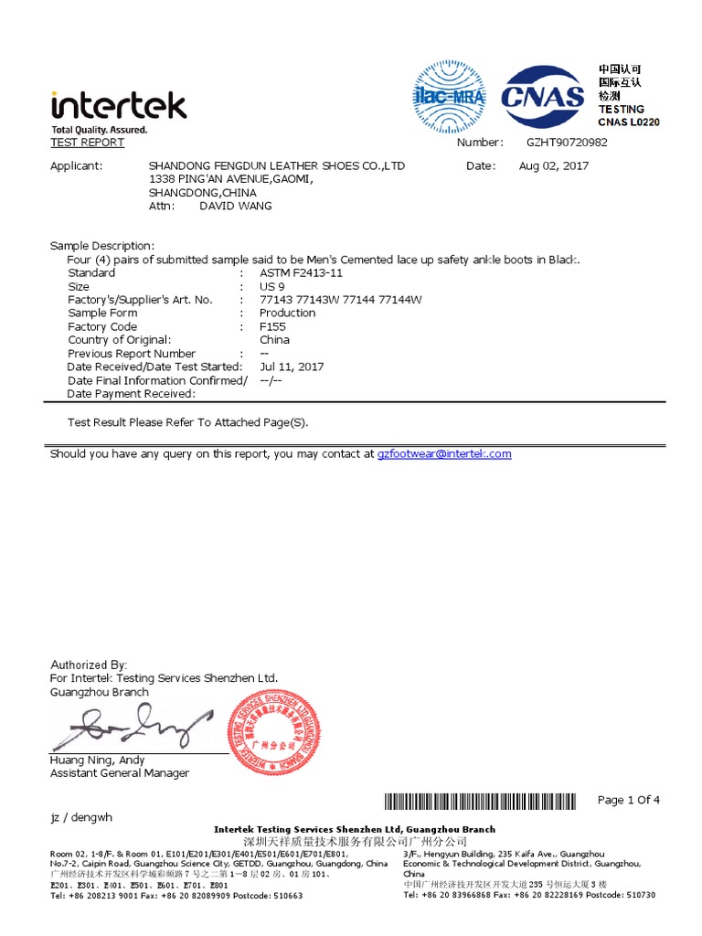GZHT90720982 : Intertek Testing Services Shenzhen LTD, Guangzhou Branch ...
