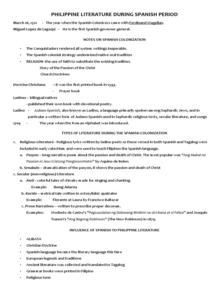 Philippine Literature During Spanish Period - Handout | PDF ...
