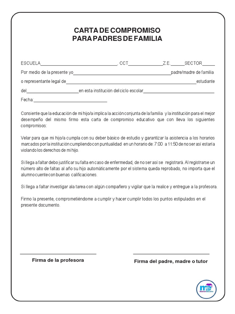 Carta de Compromiso para Padres de Familia | PDF
