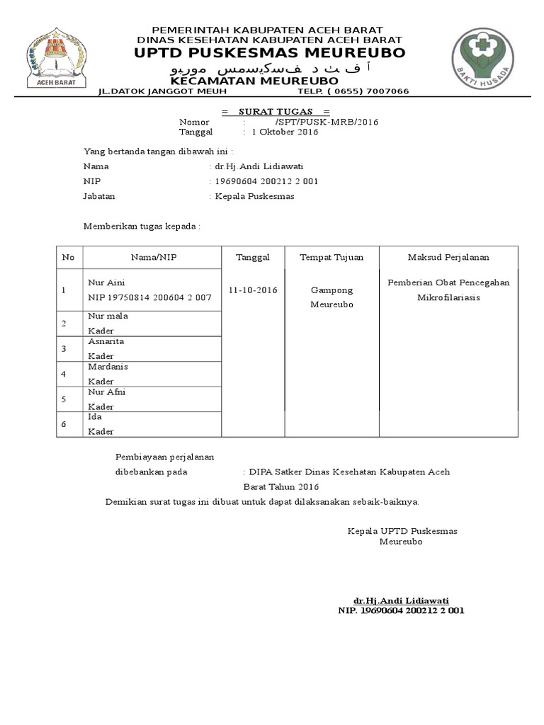 Surat Tugas Puskesmas Meureubo | PDF | Pengembangan Diri