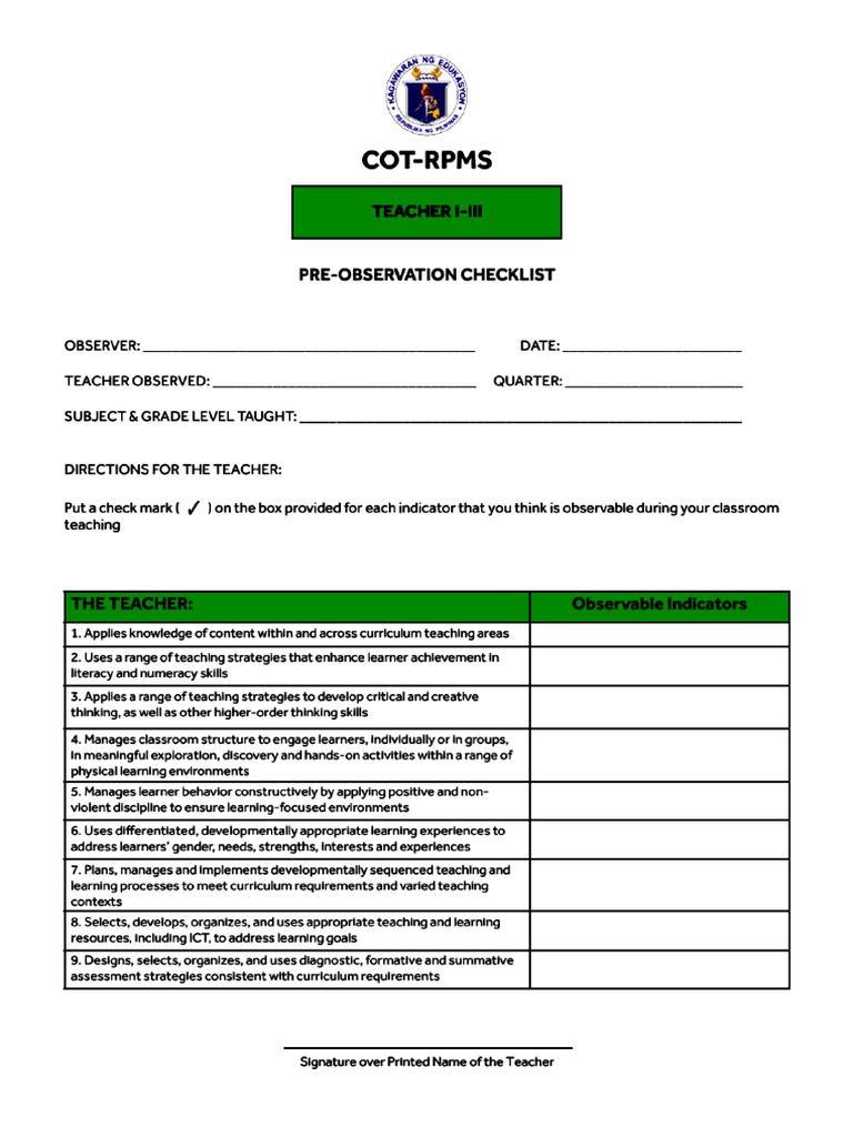 RPMS COT 4 Pre Observation Form | PDF