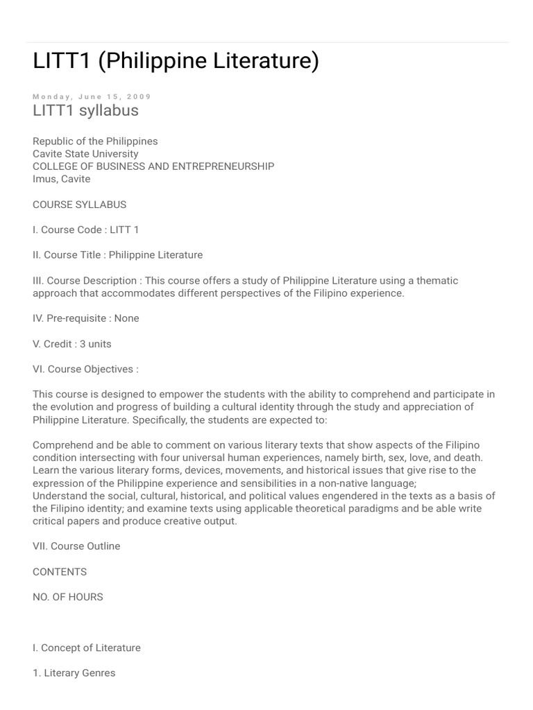 LITT1 (Philippine Literature) - LITT1 Syllabus | PDF | Philippines