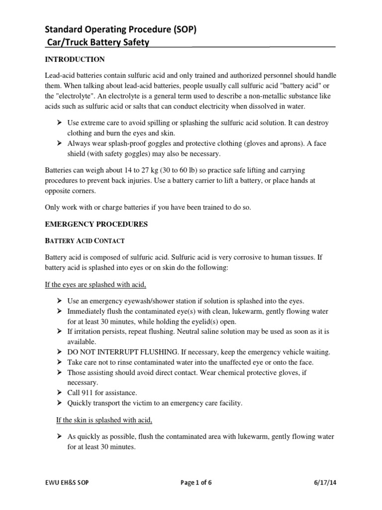 Standard Operating Procedure (SOP) Car/Truck Battery Safety: Attery CID ...