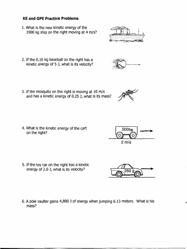 KE and GPE Practice Problems Worksheet | PDF