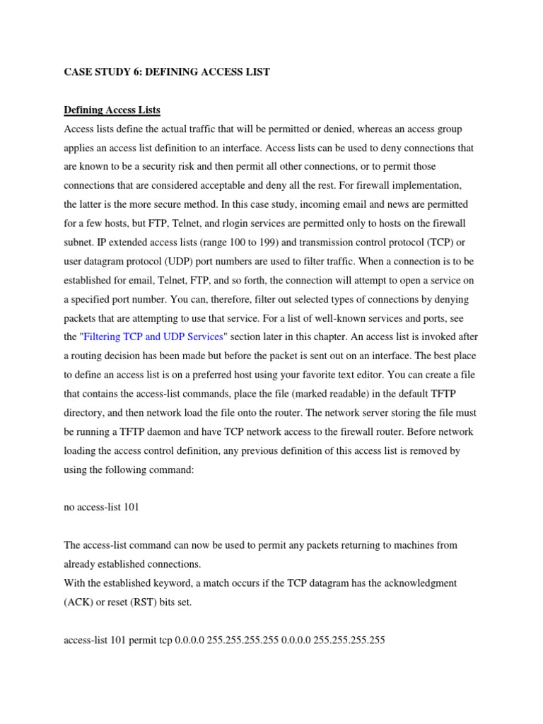 Case Study 6: Defining Access List: Filtering TCP and UDP Services ...