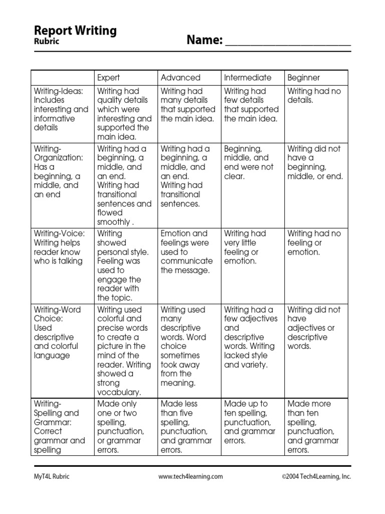 Report Writing Name: - : Rubric | PDF | Grammar | Symbols