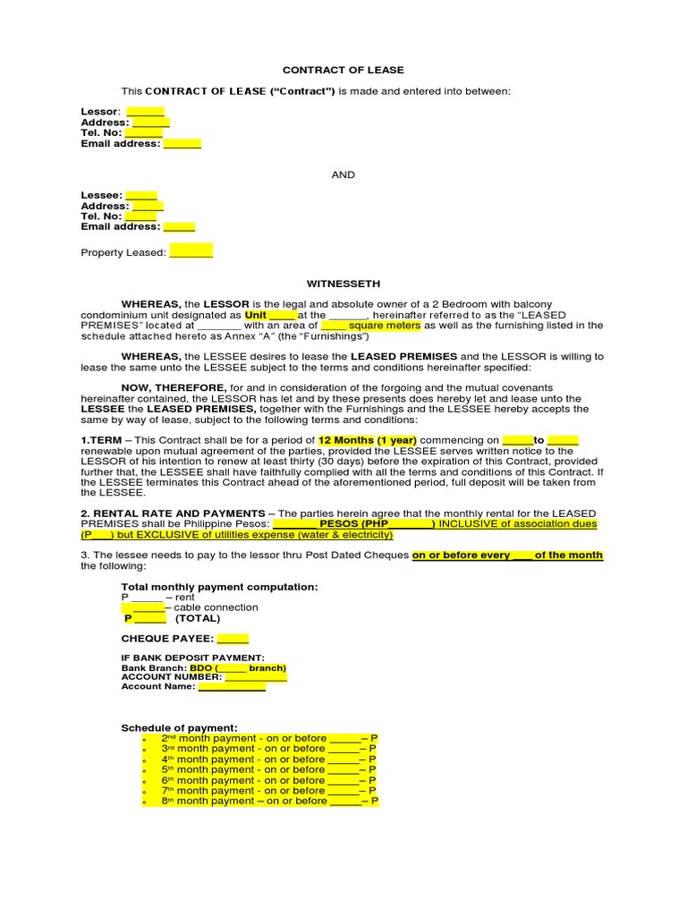 Sample Lease Contract - Condo | PDF | Lease | Payments