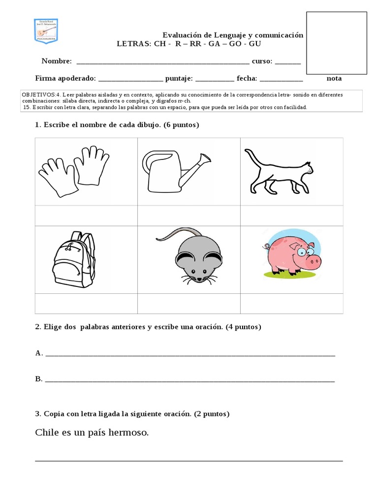 Evaluacion 1° Letras CH RR R G | PDF