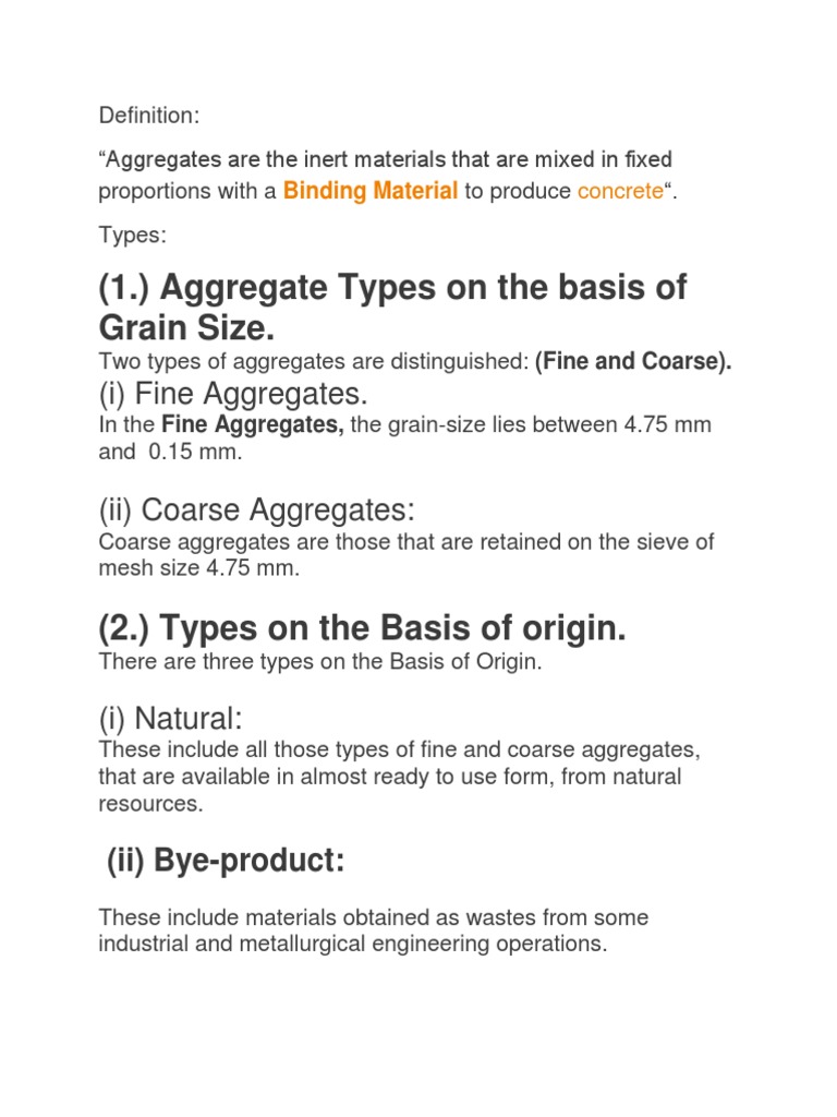 (1.) Aggregate Types On The Basis of Grain Size.: (I) Fine Aggregates ...