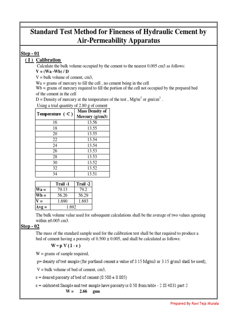 Blaine Air Permeability Test Procedure | PDF | Density | Calibration