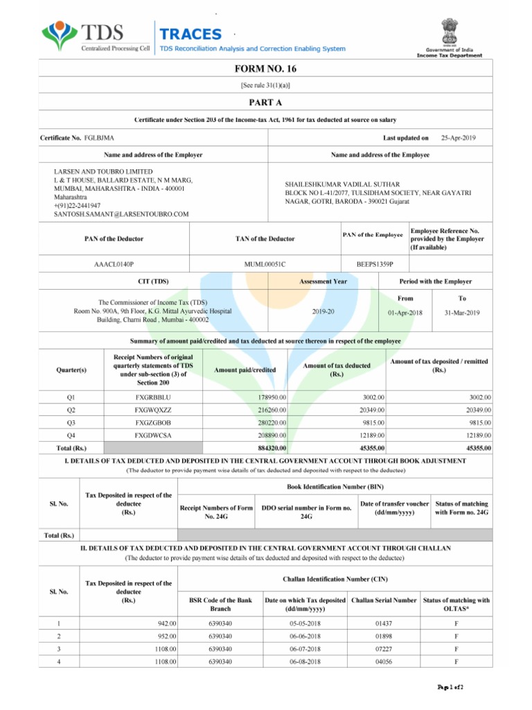 Form 16 TDS Certificate Summary | PDF | Income Tax In India | Payments