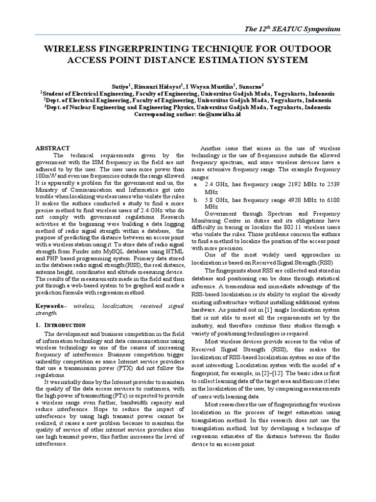 Wireless Fingerprinting Technique For Outdoor Access Point Distance Estimation System Download