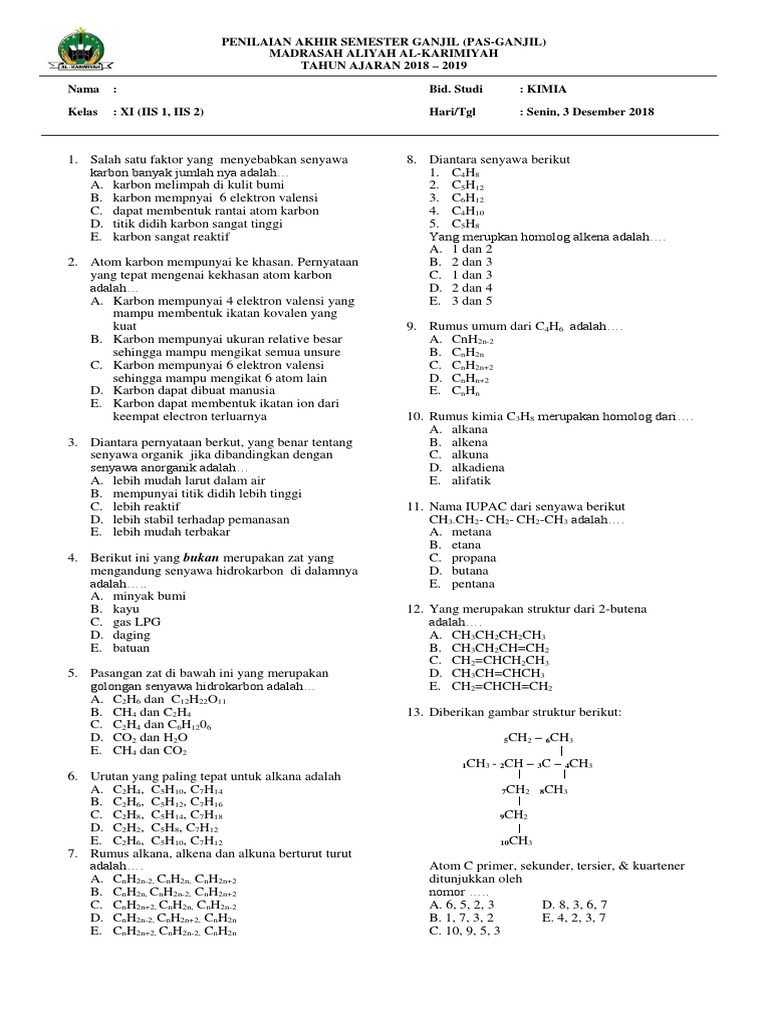 Soal PAS Kimia Kelas XI Ganjil 2018 | PDF