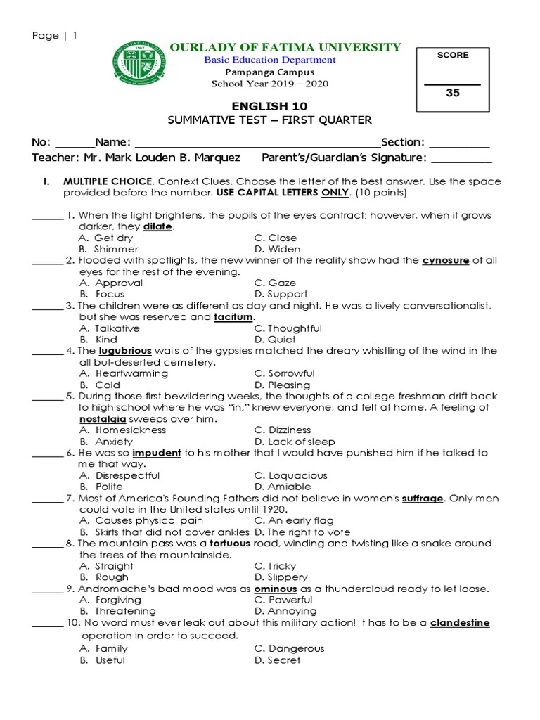 Summative Exam - Grade 10 English - First Quarter | PDF | Iliad | Question