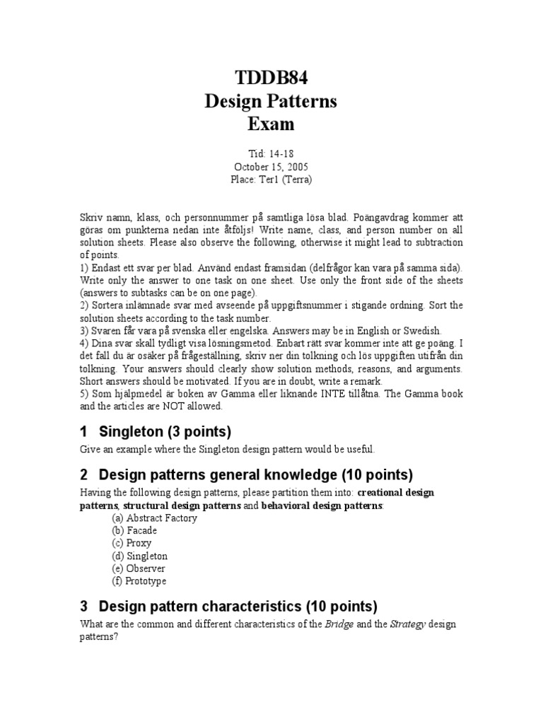 TDDB84 DesignPatterns Exam 2005 10 15 PDF | PDF | Class (Computer Programming) | Object Oriented ...