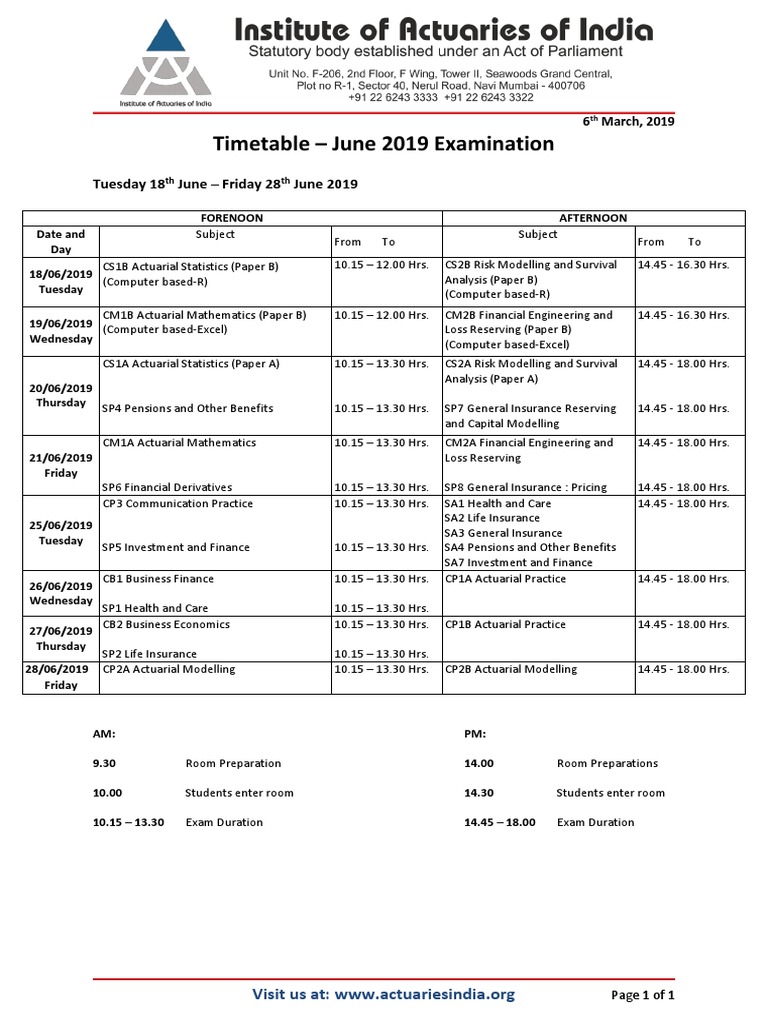 TimeTable June 2019 Examination | PDF | Actuarial Science | Actuary