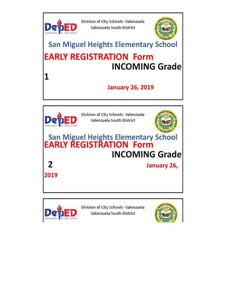 Early Registration Form: Incoming Grade 1 | PDF