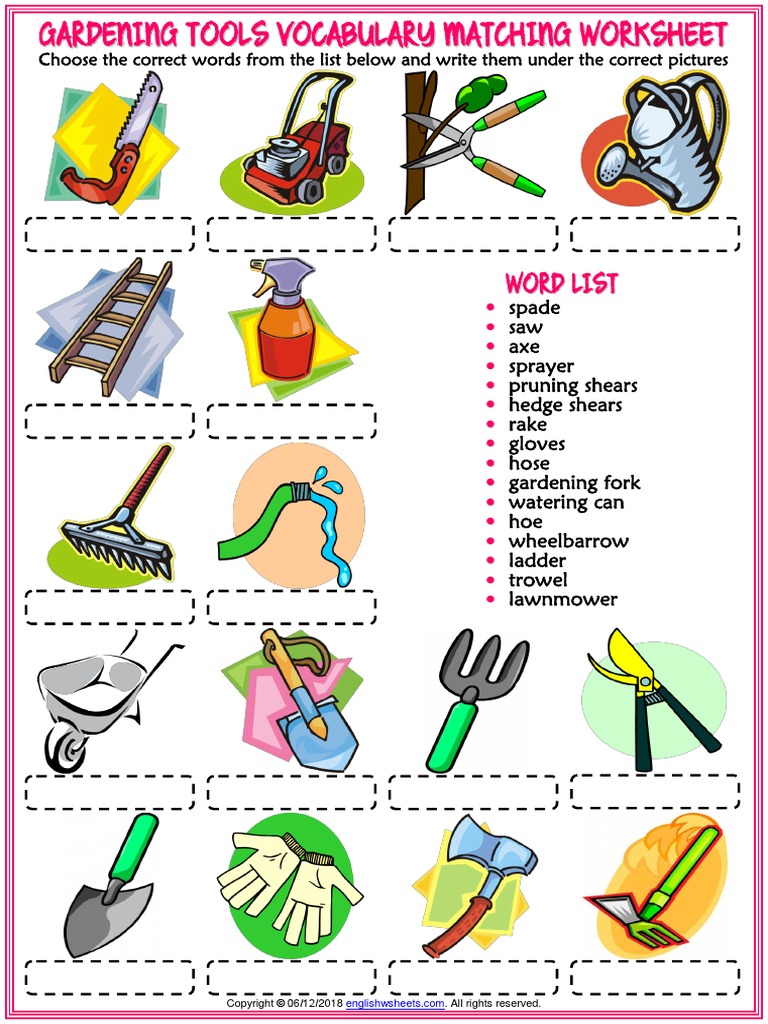 Gardening Tools Vocabulary Esl Matching Exercise Worksheet For Kids ...