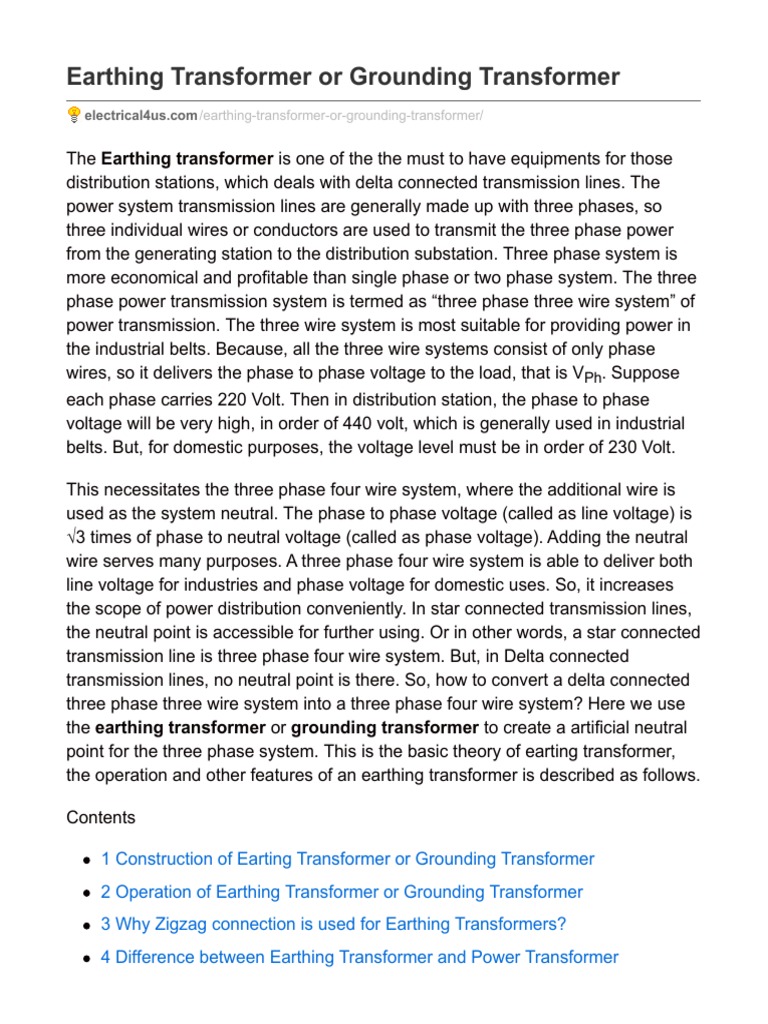 Earthing Transformer Overview and Functions | PDF | Transformer ...
