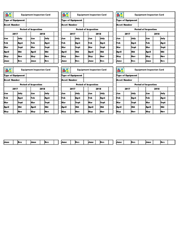 Equipment Inspection Card Equipment Inspection Card Equipment ...