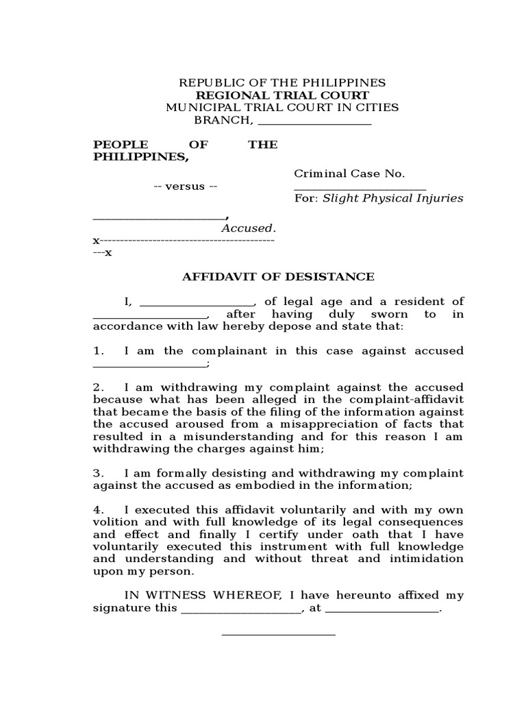 Affidavit of Desistance - Slight Physical Injuries