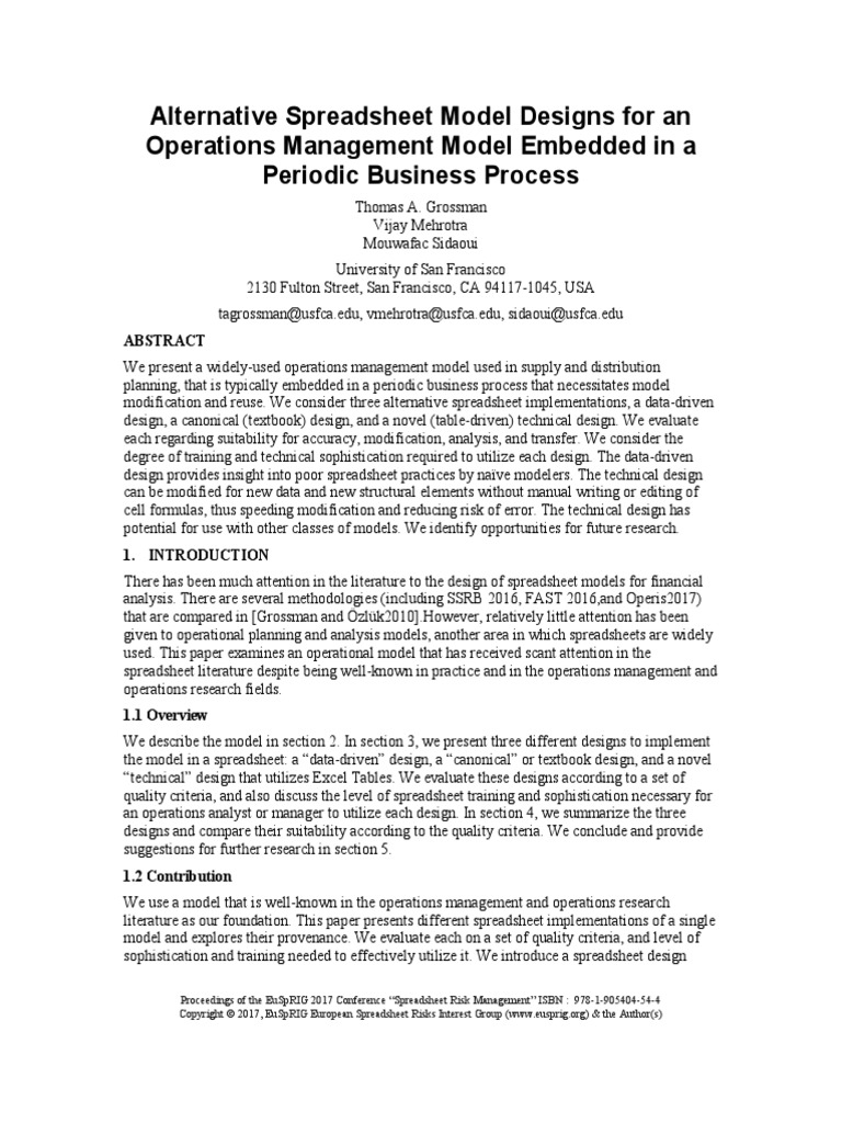 Alternative Spreadsheet Model Designs For An Operations Management ...