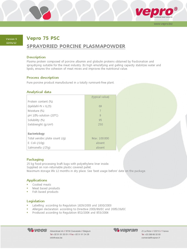 Veos Vepro 75 PSC Spec Jan 2012 | PDF | Meat | Food And Drink