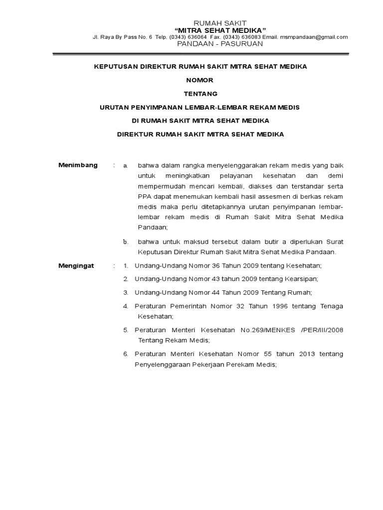 SK Urutan Penyimpanan Lembar-Lembar Rekm Medis | PDF