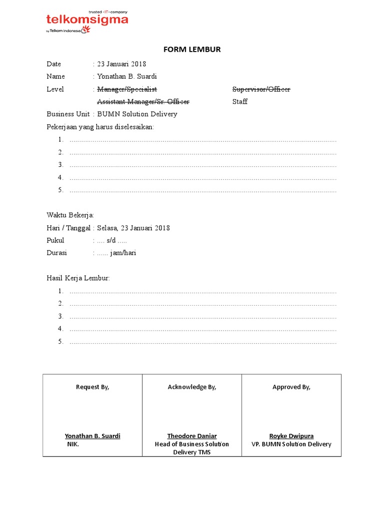 Form Lembur: Request By, Acknowledge By, Approved By | PDF | Business
