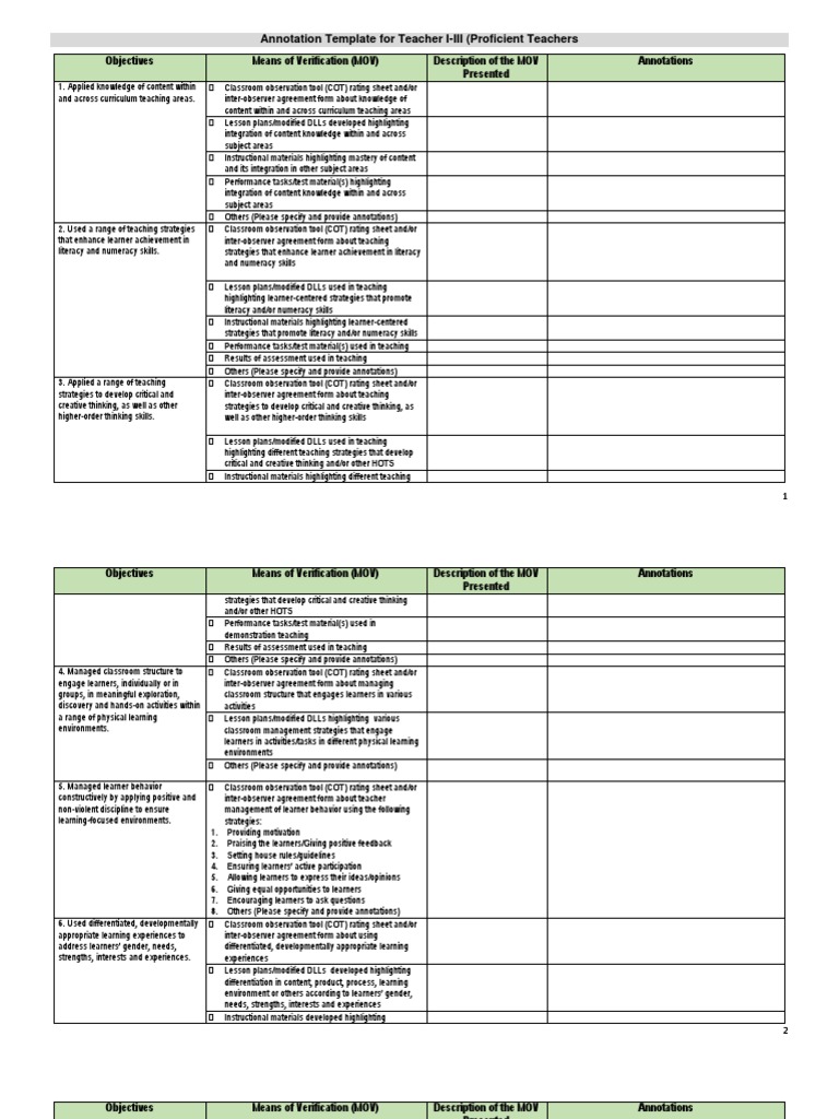 Annotation Template For Teacher I-III (Proficient Teachers Objectives ...