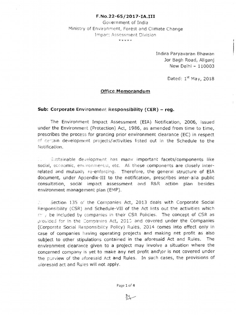Office Memorandum For Corporate Environment Responsibility | PDF ...