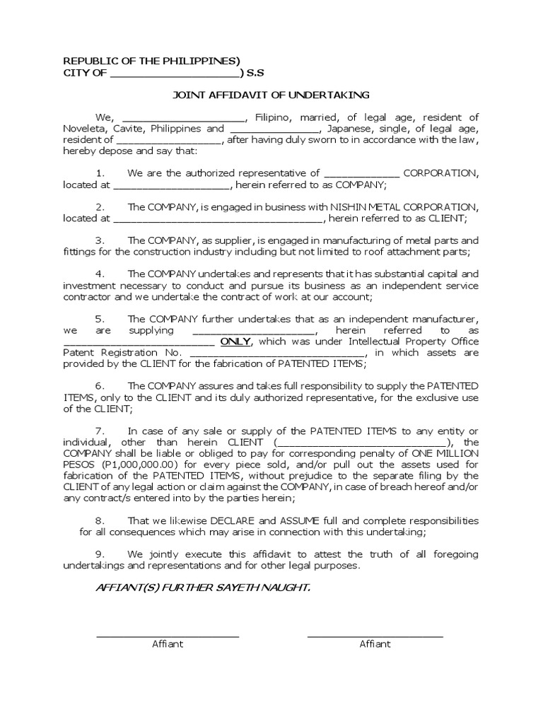 Joint Affidavit of Undertaking Sample | PDF | Affidavit | Patent