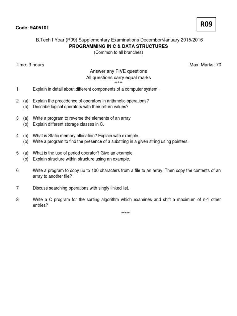 9A05101 Programming in C & Data Structures Dec 2015 | PDF