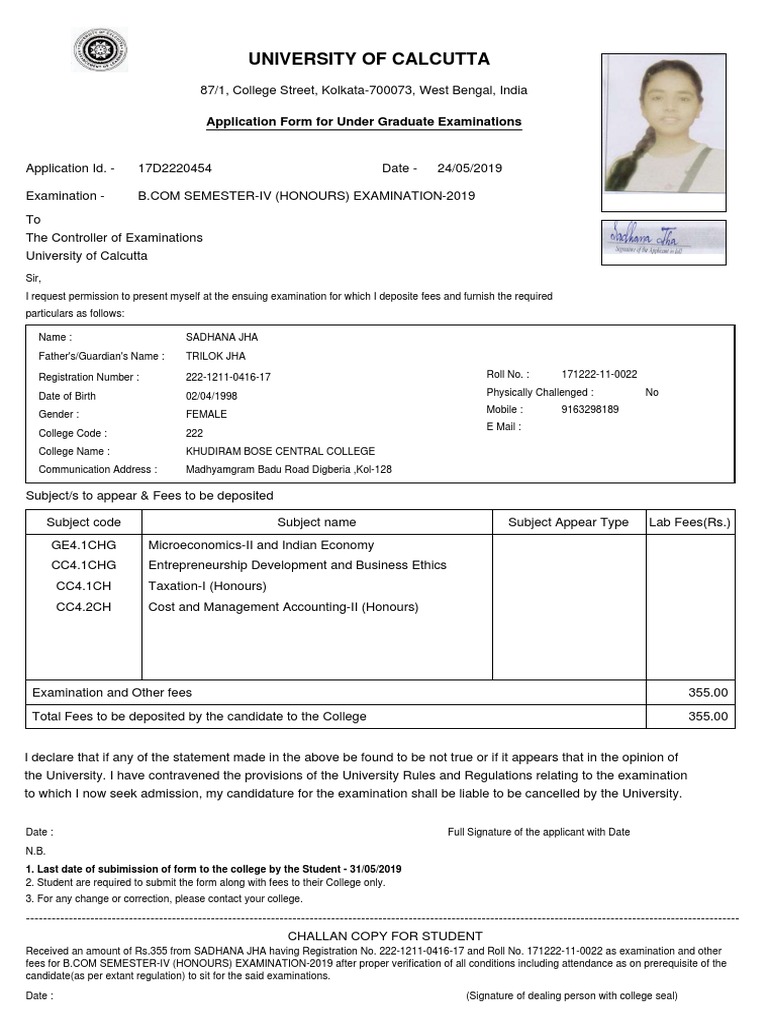 University of Calcutta: Application Form For Under Graduate ...