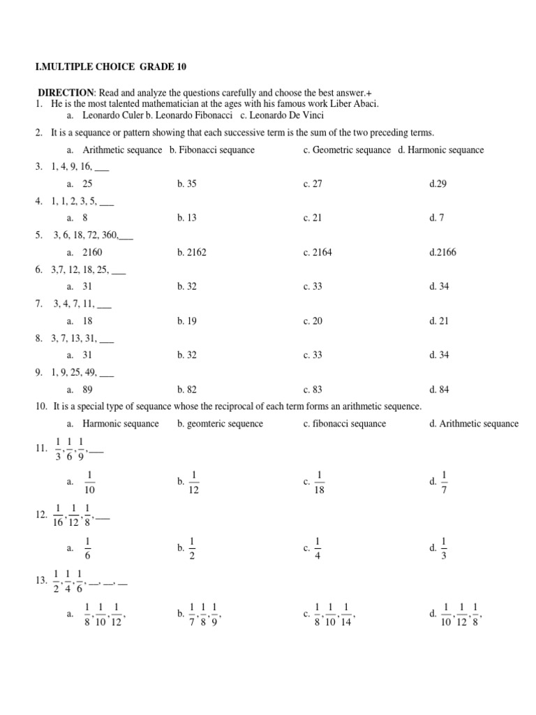 Grade 10 Multiple Choice Math Test | PDF | Polynomial | Equations