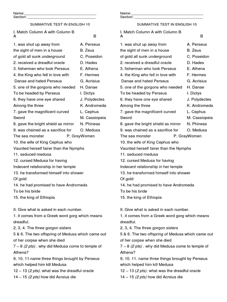 Summative Test in English 10 | PDF | Medusa | Ancient Greek Religion