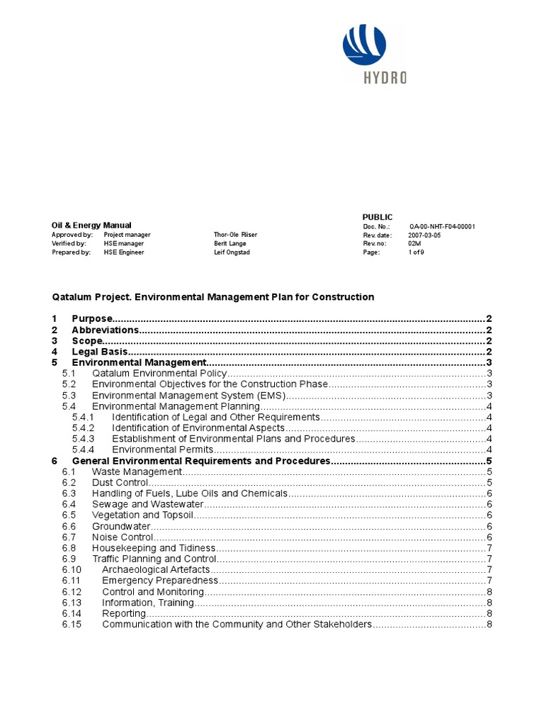 Qatalum Construction Environmental Plan | PDF | Environmental Impact ...