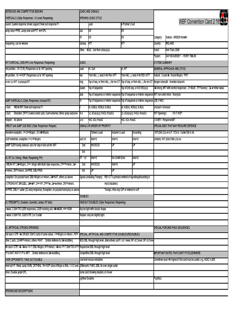 WBF Convention Card 2.18 | PDF | Contract Bridge | Leisure