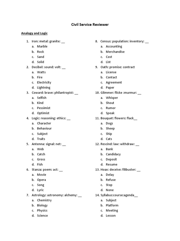 Civil Service Reviewer: Analogy and Logic | PDF | Fraction (Mathematics ...
