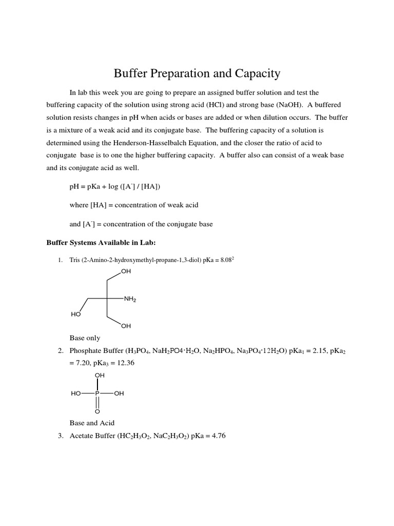 Buffer Preparation and Capacity: Buffer Systems Available in Lab | PDF ...